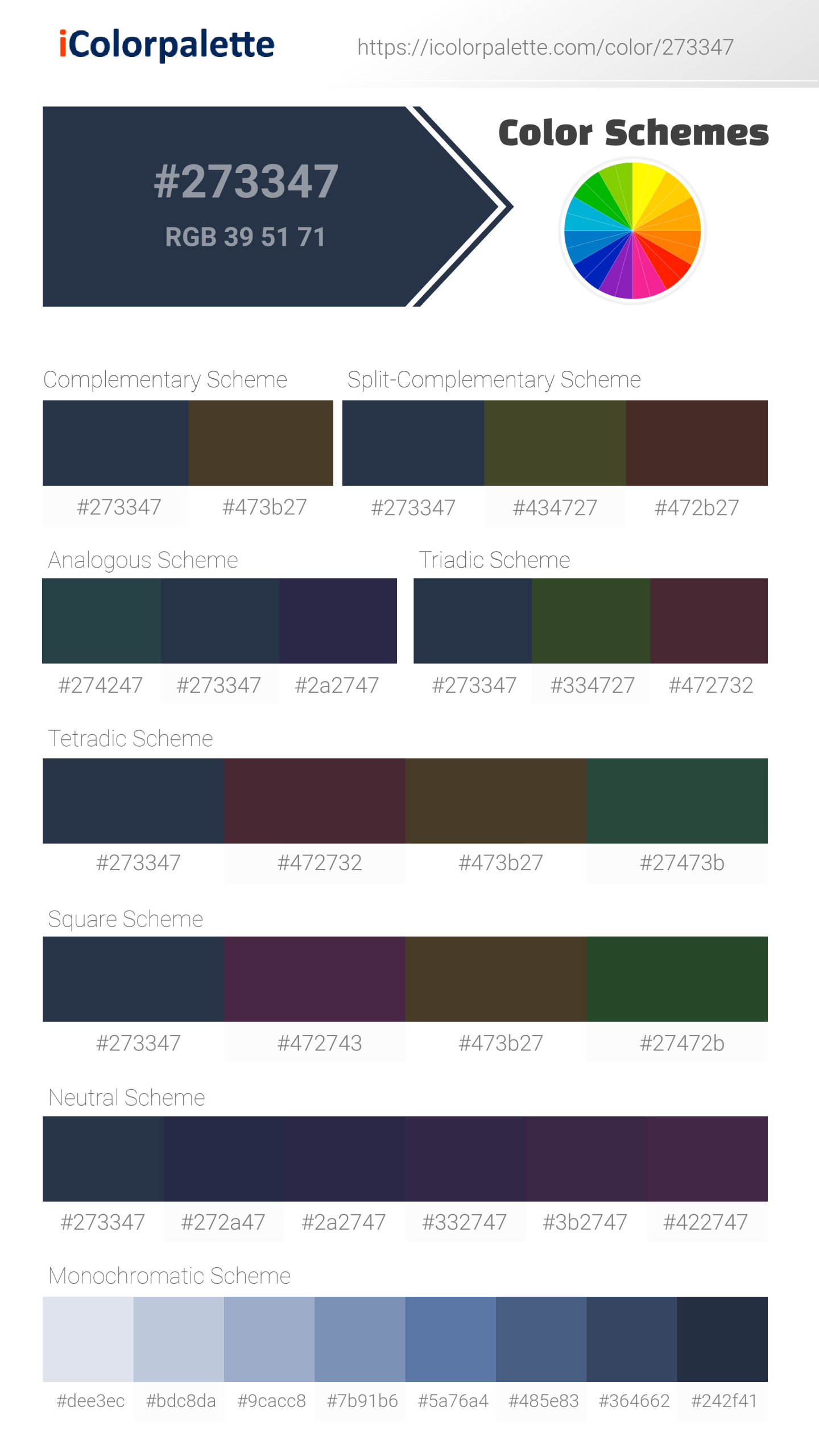 Hex Color #273347 information | Hsl | Rgb | Pantone