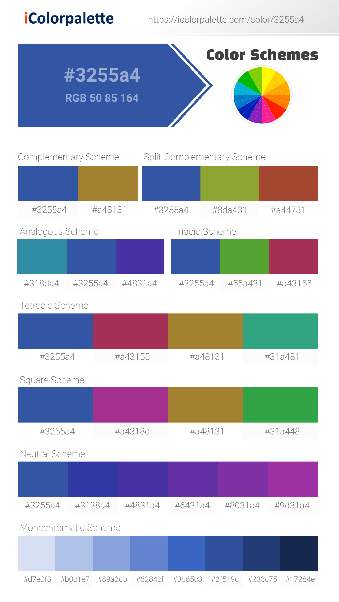 Hex Color #3255a4 information | Hsl | Rgb | Pantone