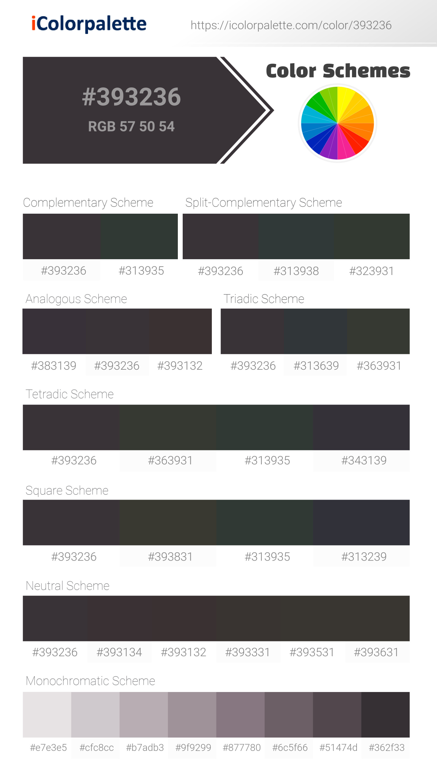 Hex Color #393236 information | Hsl | Rgb | Pantone