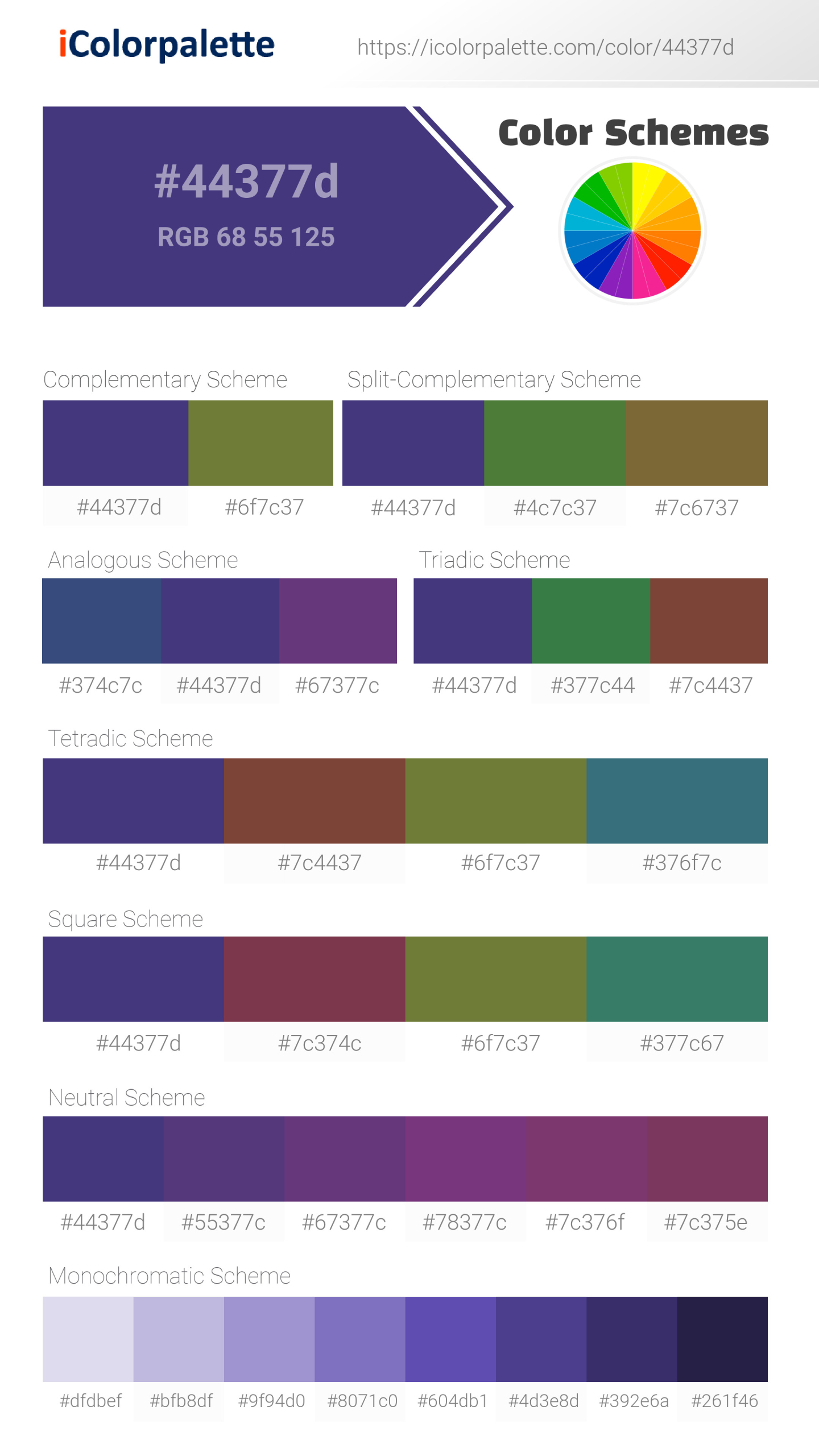 Hex Color #44377d | Pantone PANTONE 19-3847 TCX | Hsl | Rgb