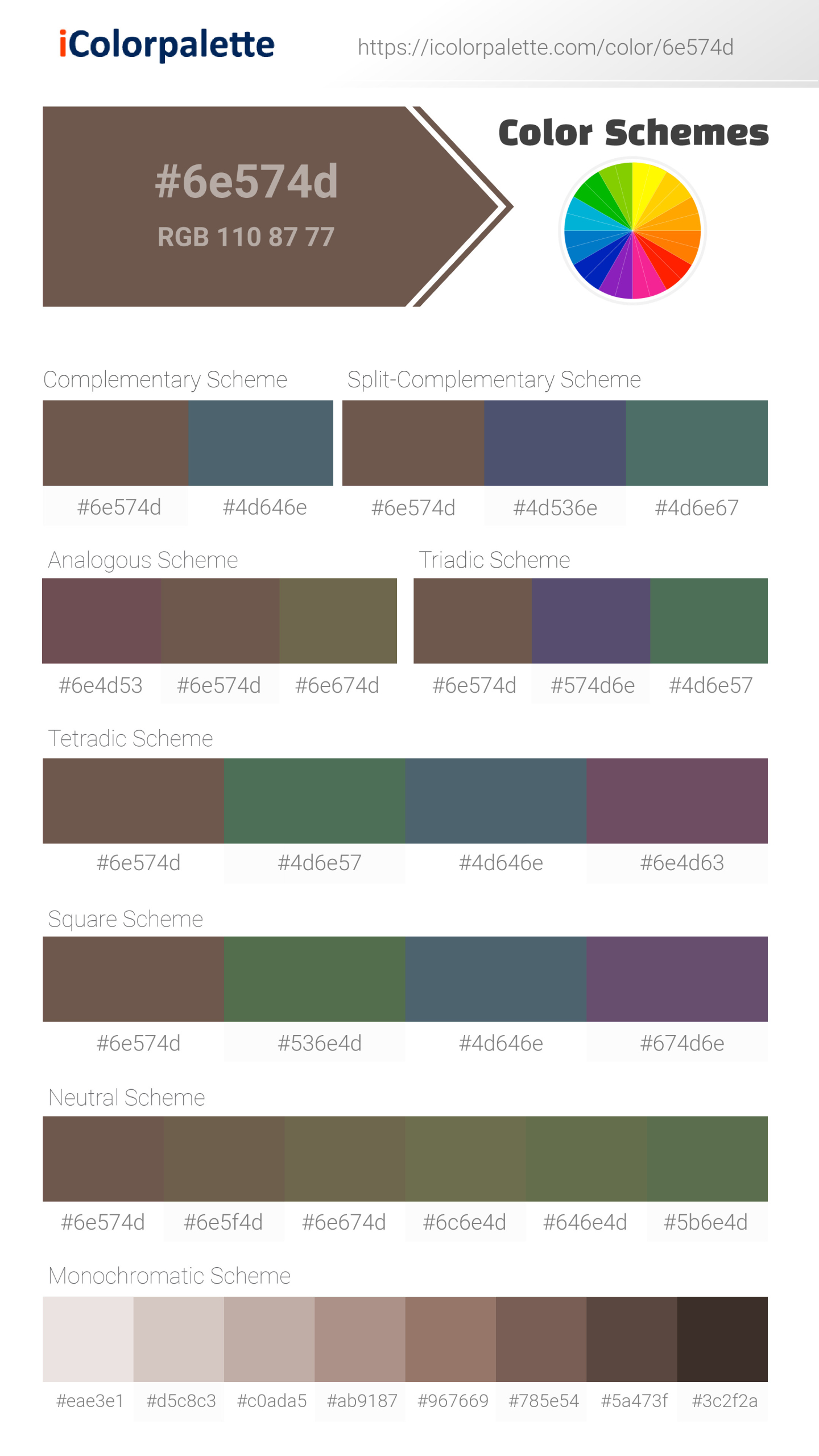Hex Color #6e574d | Pantone PANTONE 19-1217 TPG | Hsl | Rgb