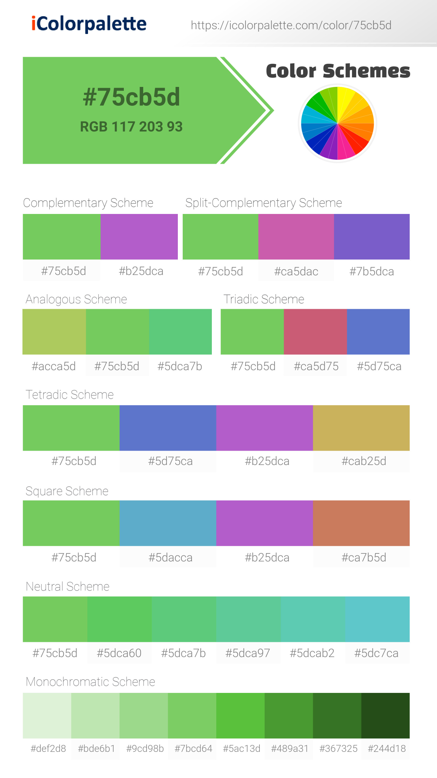 Hex Color #75cb5d information | Hsl | Rgb | Pantone