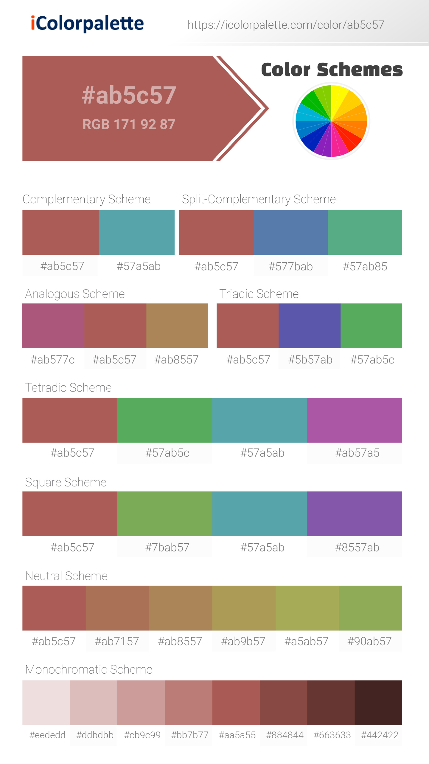 Hex Color #ab5c57 information | Hsl | Rgb | Pantone