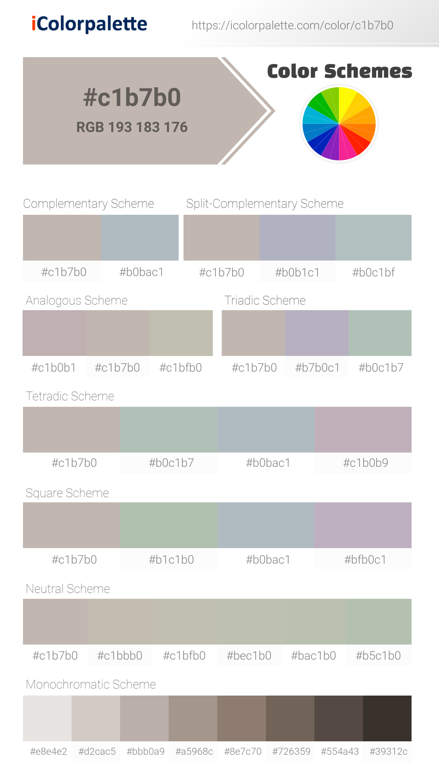 Hex Color #c1b7b0 | Pantone PANTONE 14-0000 TCX | Hsl | Rgb