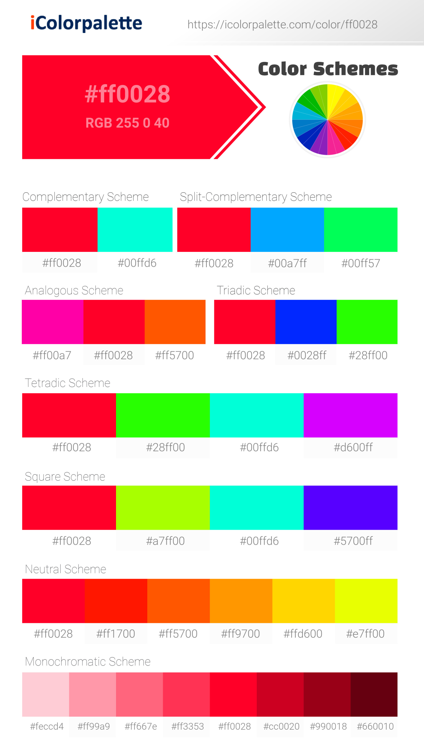 Ruddy Color | ff0028 information | Hsl | Rgb | Pantone