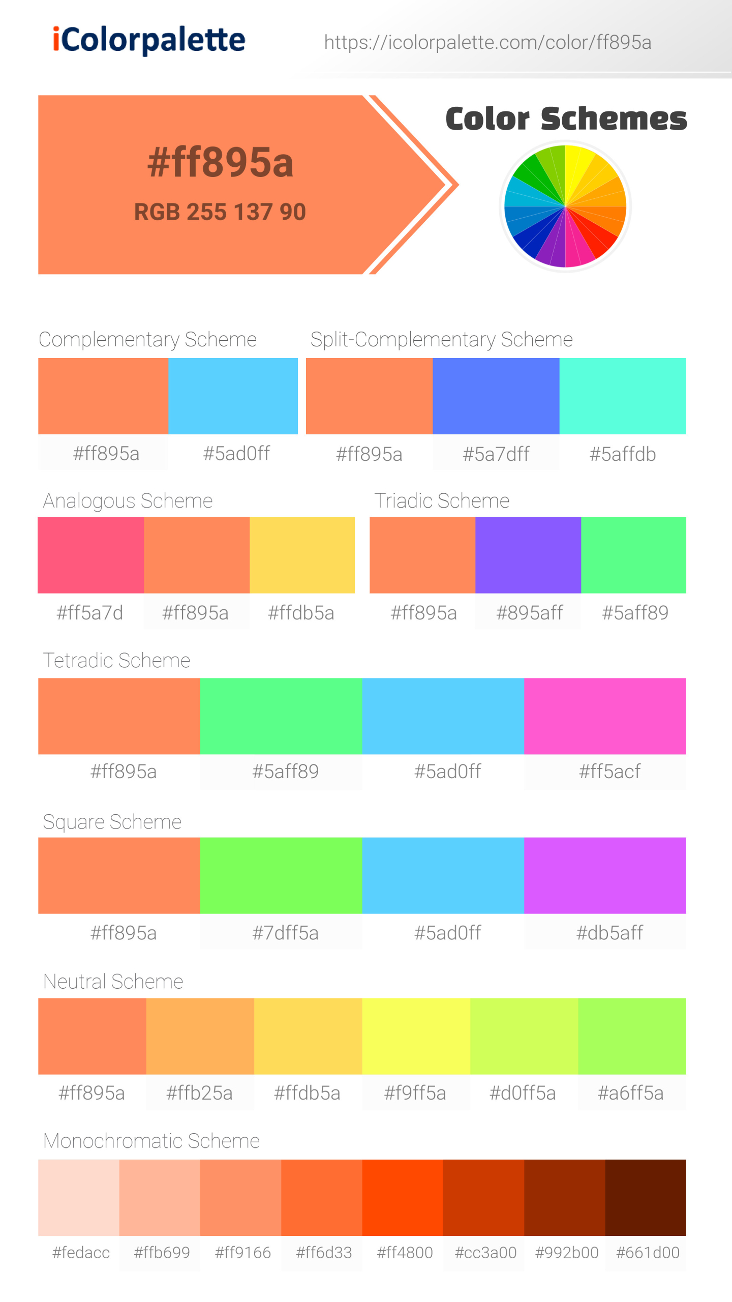 Hex Color #ff895a information | Hsl | Rgb | Pantone