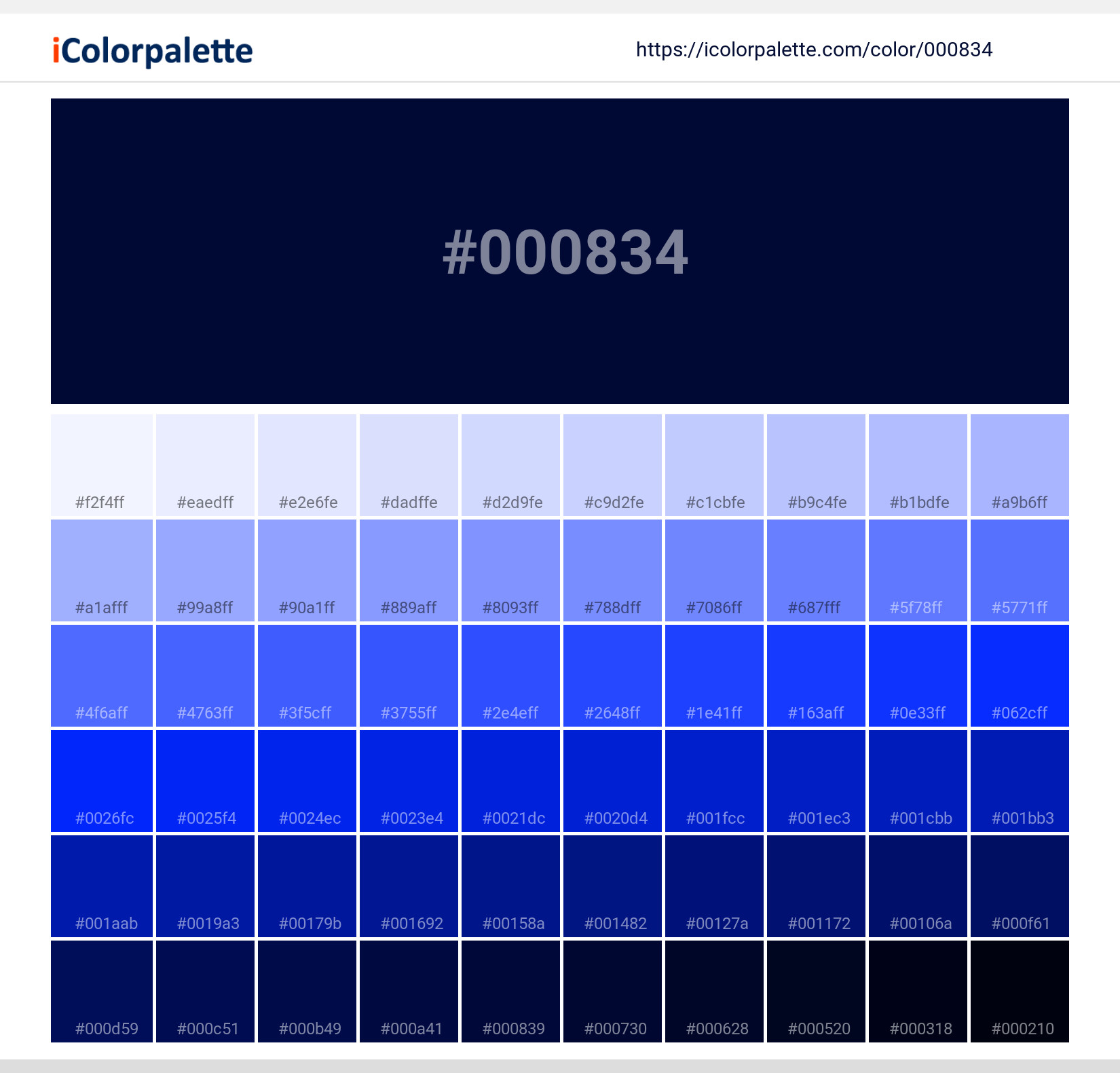 Oblivion (similar) Color | 000834 information | Hsl | Rgb | Pantone