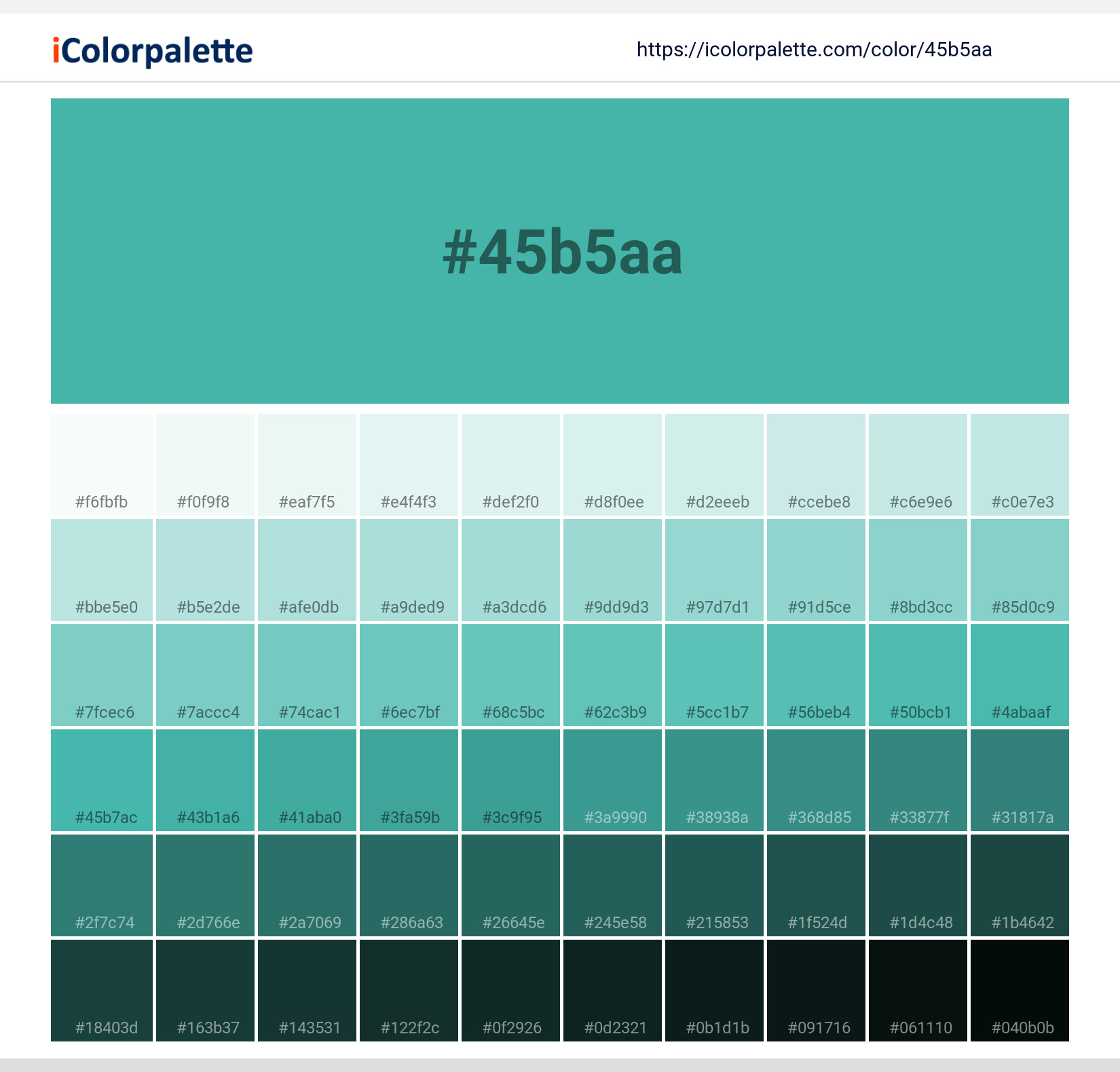 Hex Color #45b5aa information | Hsl | Rgb | Pantone