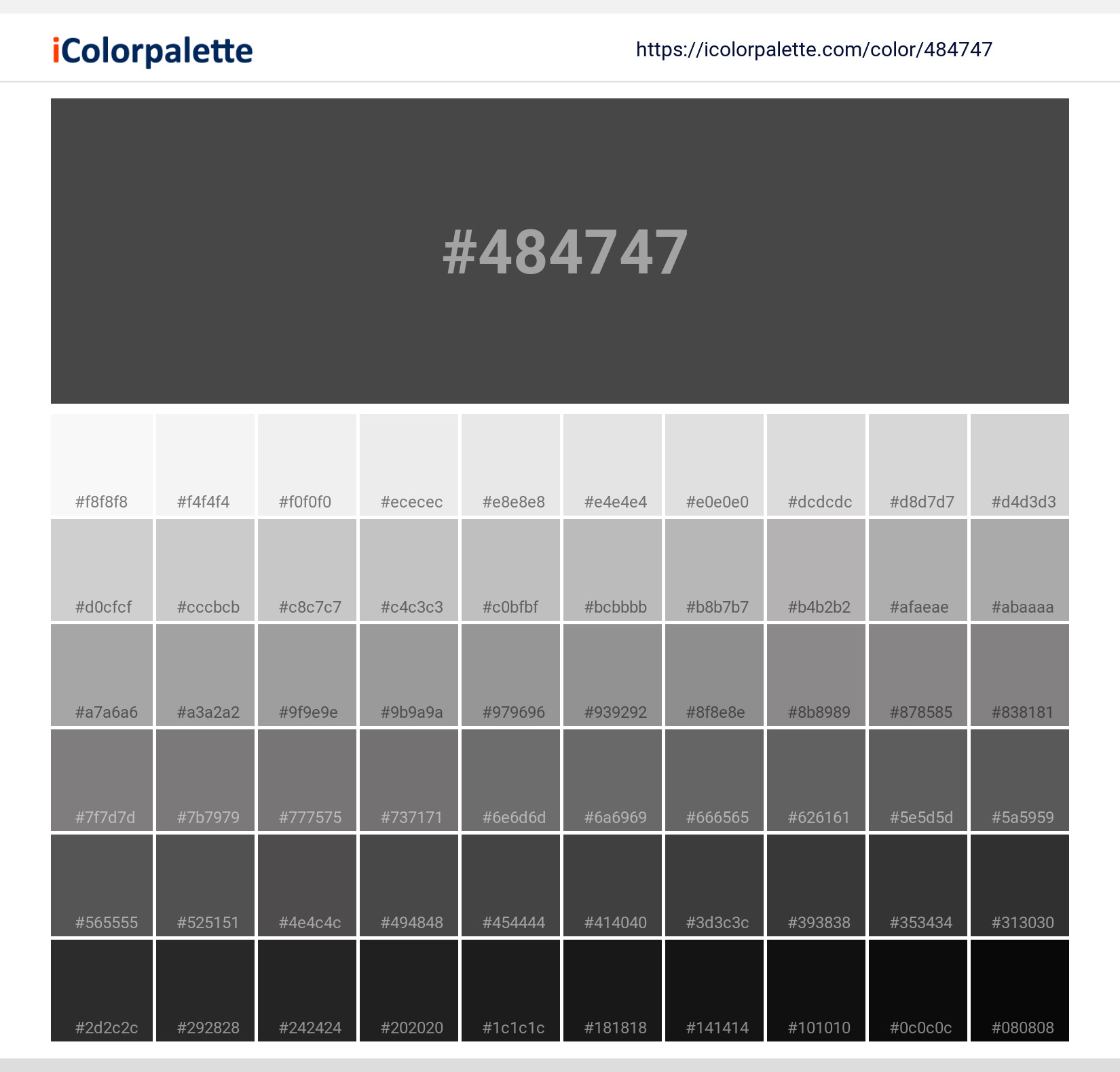 Pig Iron (similar) Color | 484747 information | Hsl | Rgb | Pantone