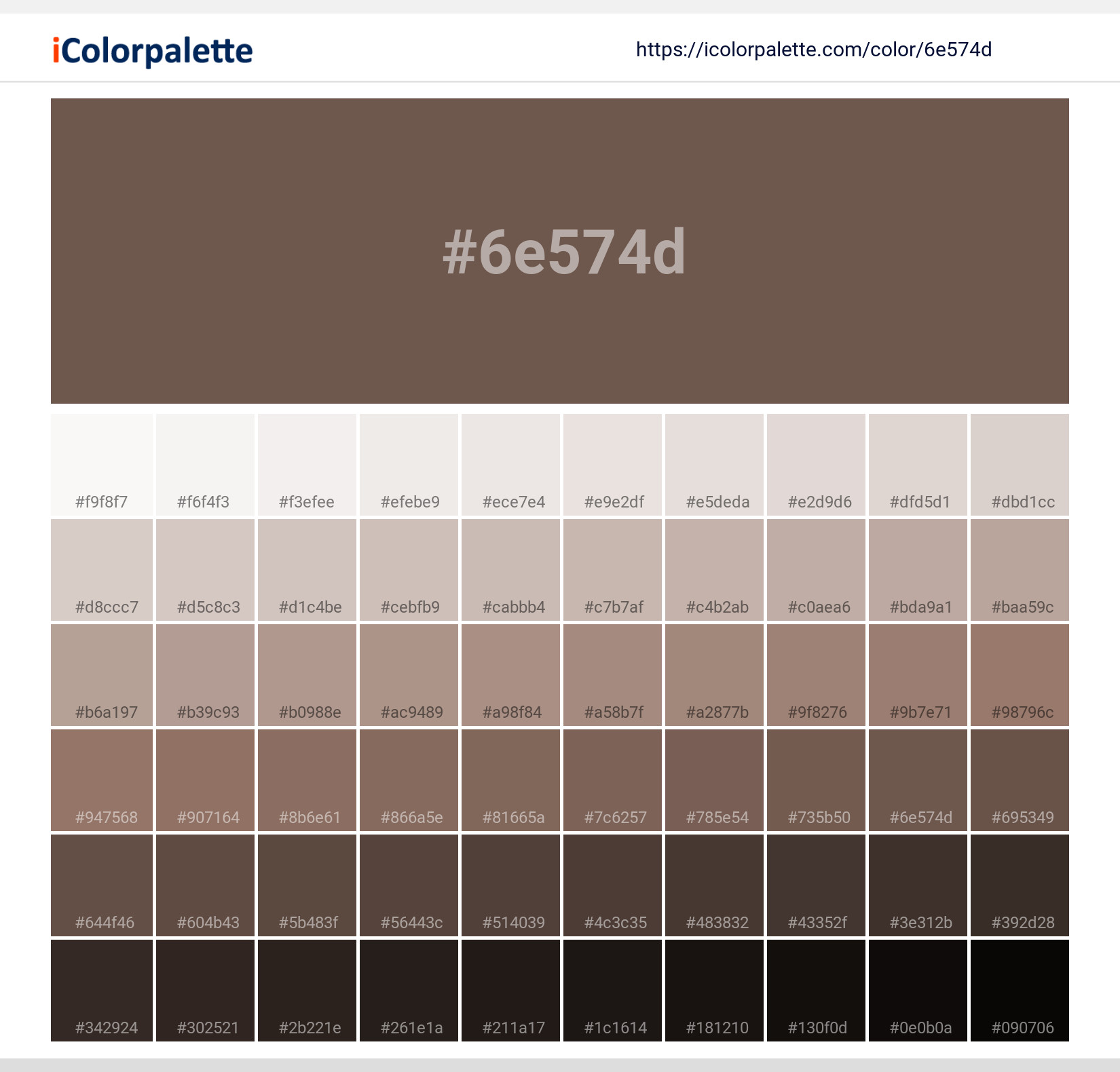 Hex Color #6e574d | Pantone PANTONE 19-1217 TPG | Hsl | Rgb