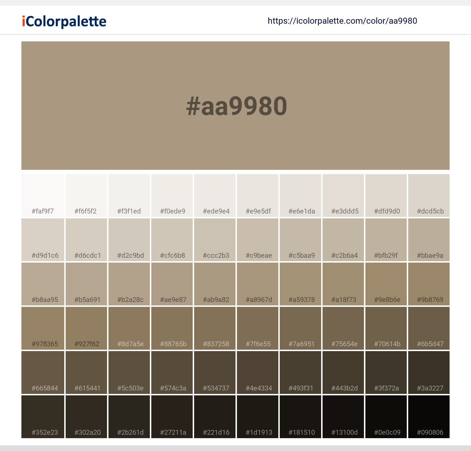 York Beige (similar) Color | aa9980 information | Hsl | Rgb | Pantone