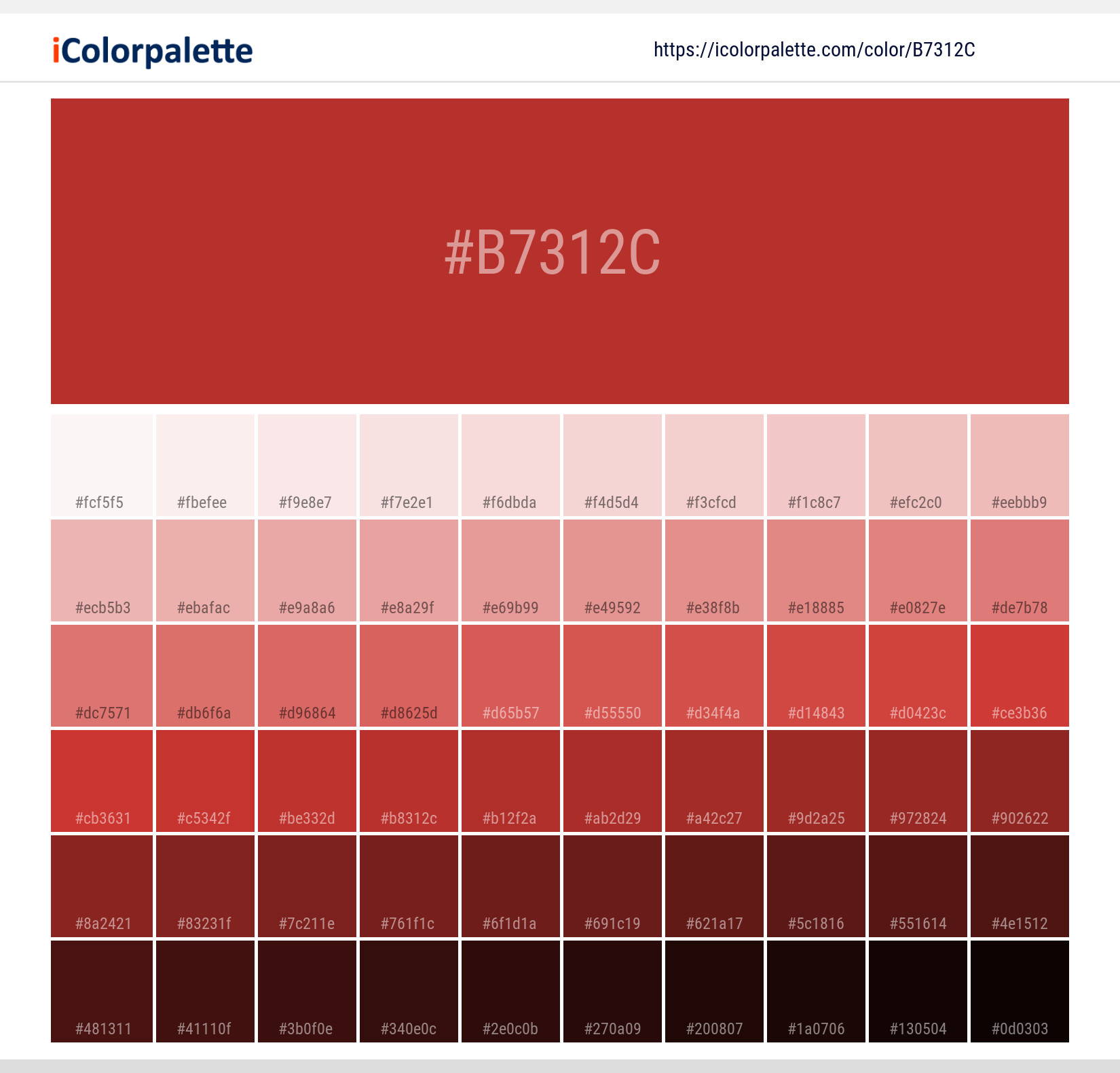 Hex Color #b7312c information | Hsl | Rgb | Pantone