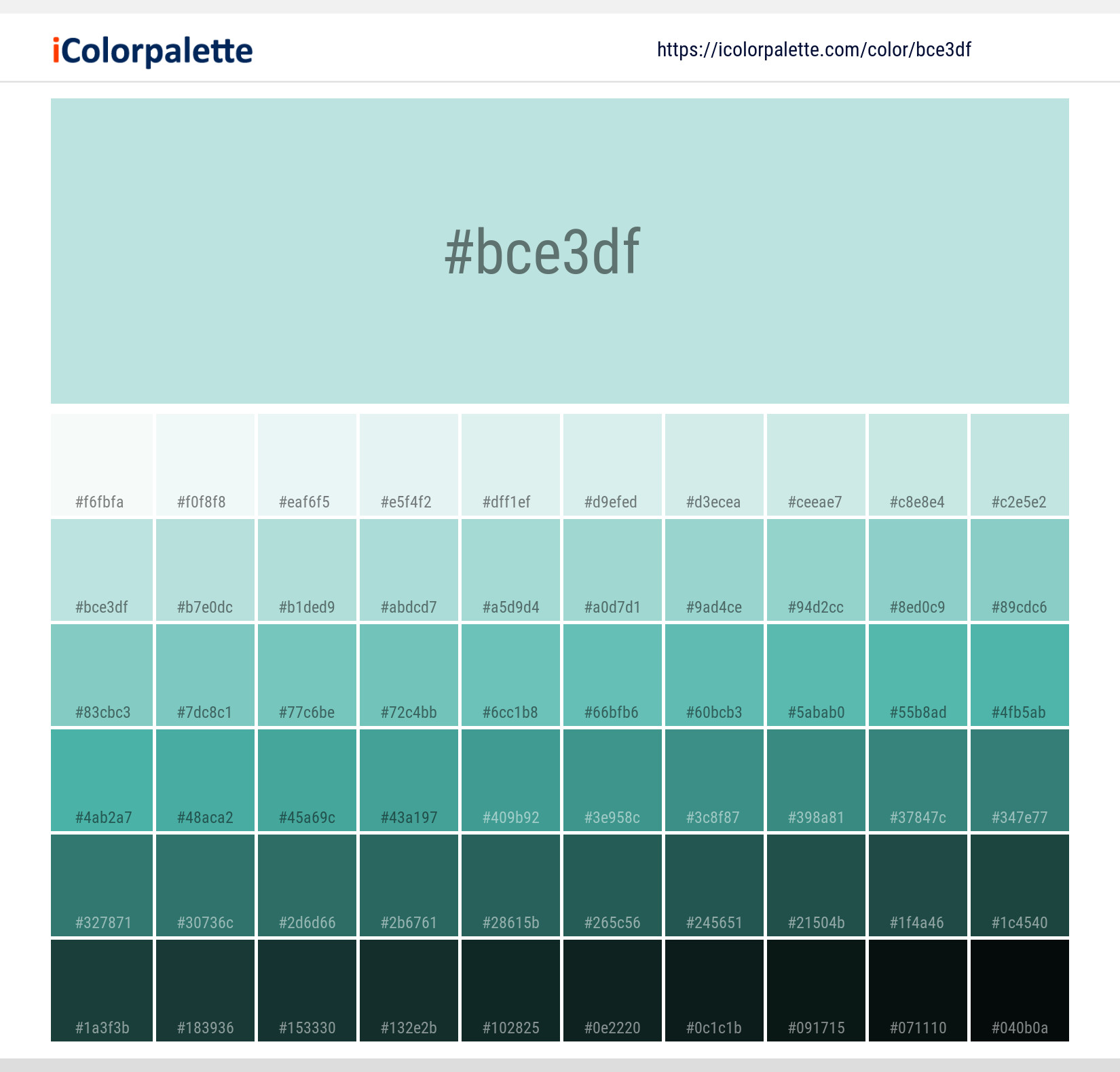 Hex Color #bce3df | Pantone PANTONE 12-5410 TCX | Hsl | Rgb