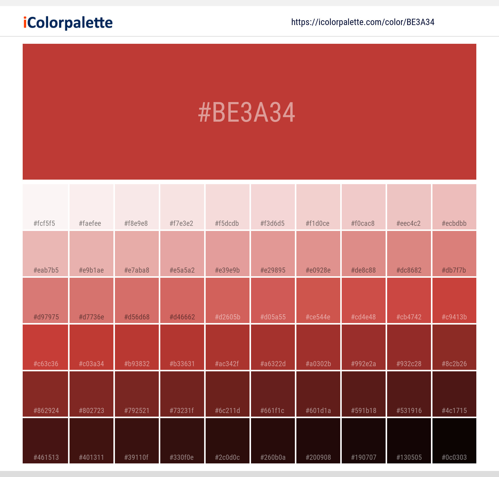 Hex Color #be3a34 information | Hsl | Rgb | Pantone