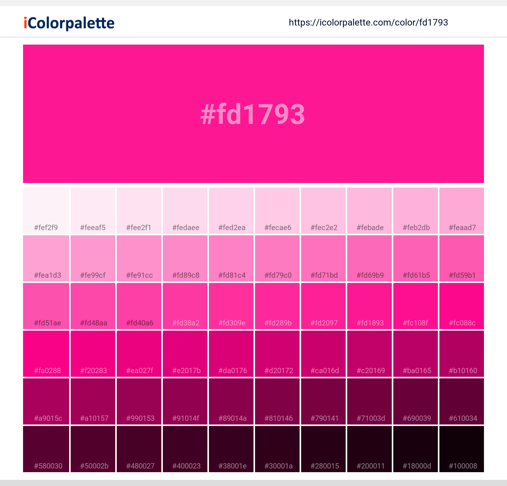 Fluorescent Pink (similar) Color | fd1793 information | Hsl | Rgb | Pantone